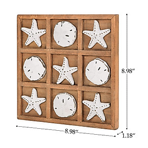 NIKKY HOME Beach Tic Tac Toe for Fun Starfish Sand Dollar Coastal House Coffee Table Decor Wood Board Travel Game, 8.97 by 8.97-in Distressed White