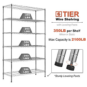 Heavy Duty Storage Shelves Hold 2100LBS Metal Shelves with Wheels Adjustable 6 Tier Wire Shelving Unit NSF Shelving for Closet Kitchen Garage Basement, 82" H x 48" L x 18" D- Chrome