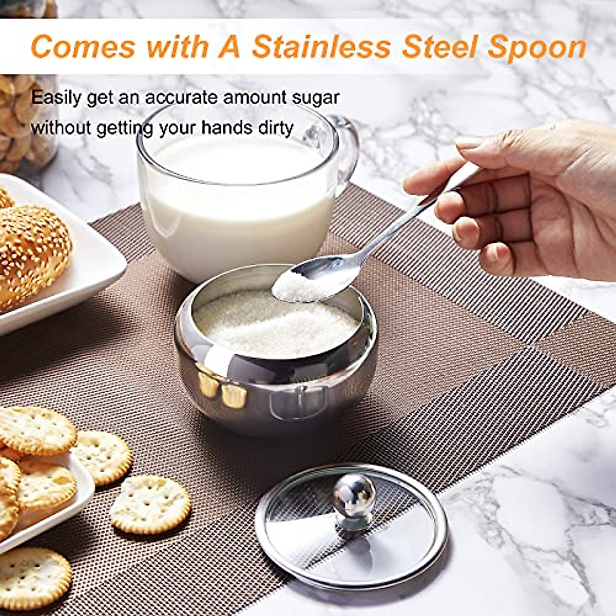 Bivvclaz Stainless Steel Sugar Bowl with Lid and Spoon, 10 oz Sugar Container with Spoon, Sugar Dispenser Bowl for Coffee, Small Condiment Container for Salt, Spices