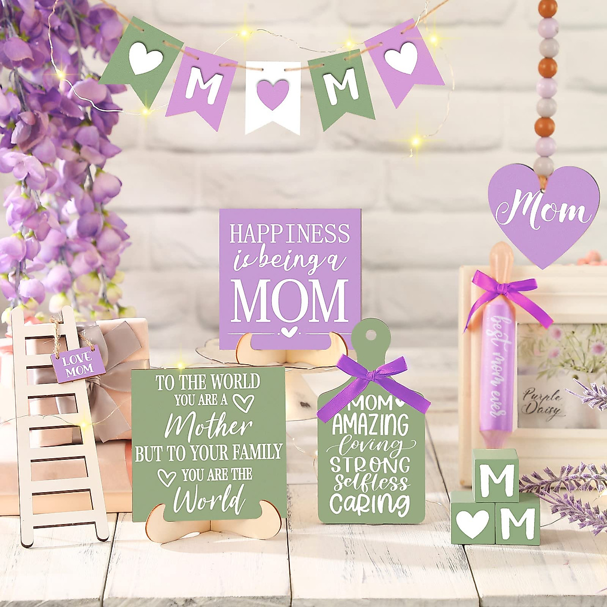 15 Pcs Mother's Day Tiered Tray Decor Happy Mother's Day Lavender Wood Signs Farmhouse Decorations Wooden Heart Bead Garland with LED String Lights for Mothers Gift Tabletop, Purple, Green