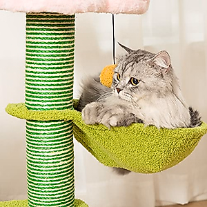 PET WONDERLAND Cute Cat Tree 29 Inches Pink Flower Cat Tower with Scratching Post for Small Cats,Green Cat Hammock Bed,Plush Perch,Cozy Platforms,Unique cat Scratcher,Cat Furniture for Indoor Cats