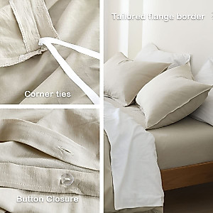 PANDATEX Beige Linen-Textured Rayon, Cotton, Linen Blend Duvet Cover Set, Pre-Washed Soft Breathable Queen Size Duvet Cover for Hot Sleepers, Durable Natural Organic Duvet Cover with 2 Pillowcases