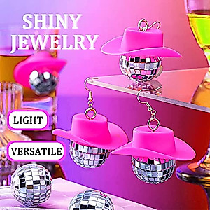 Disco Ball Earrings and Headband for Women - 70's Halloween Earrings for Women Party Costume (Disco Cowgirl Pink)
