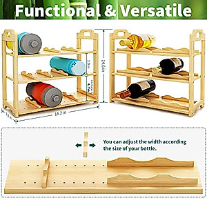 KOK KAY Water Bottle Organizer, Stackable Bamboo Water Bottle Holder, 15 Freestanding Wine Rack Storage, 3-Layer Adjustable Water Bottle Storage Organizer Rack