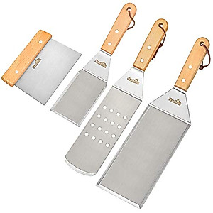 Stanbroil Metal Spatula and Bench Scraper Set for Cast Iron Griddle, Commercial Grade Stainless Steel Flat Top Grill Utensils, Set of 4