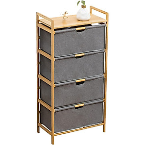 MXHouse 4-Tier Dresser Storage Tower 4 Drawers Sturdy Bamboo Frame with Easy Pull Fabric Bins - Multi-Bin Organizer for Bedroom, Hallway, Entryway, Closets - Natural Bamboo Wood