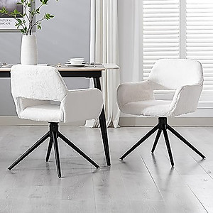ABET Fluffy Desk Chairs Set of 2, Modern Swivel Accent Home Office Chair No Wheels, Hollow Back & Metal Legs, Faux Fur Vanity Chair for Teen Girls Women Side Armchair for Bedroom Living Room White