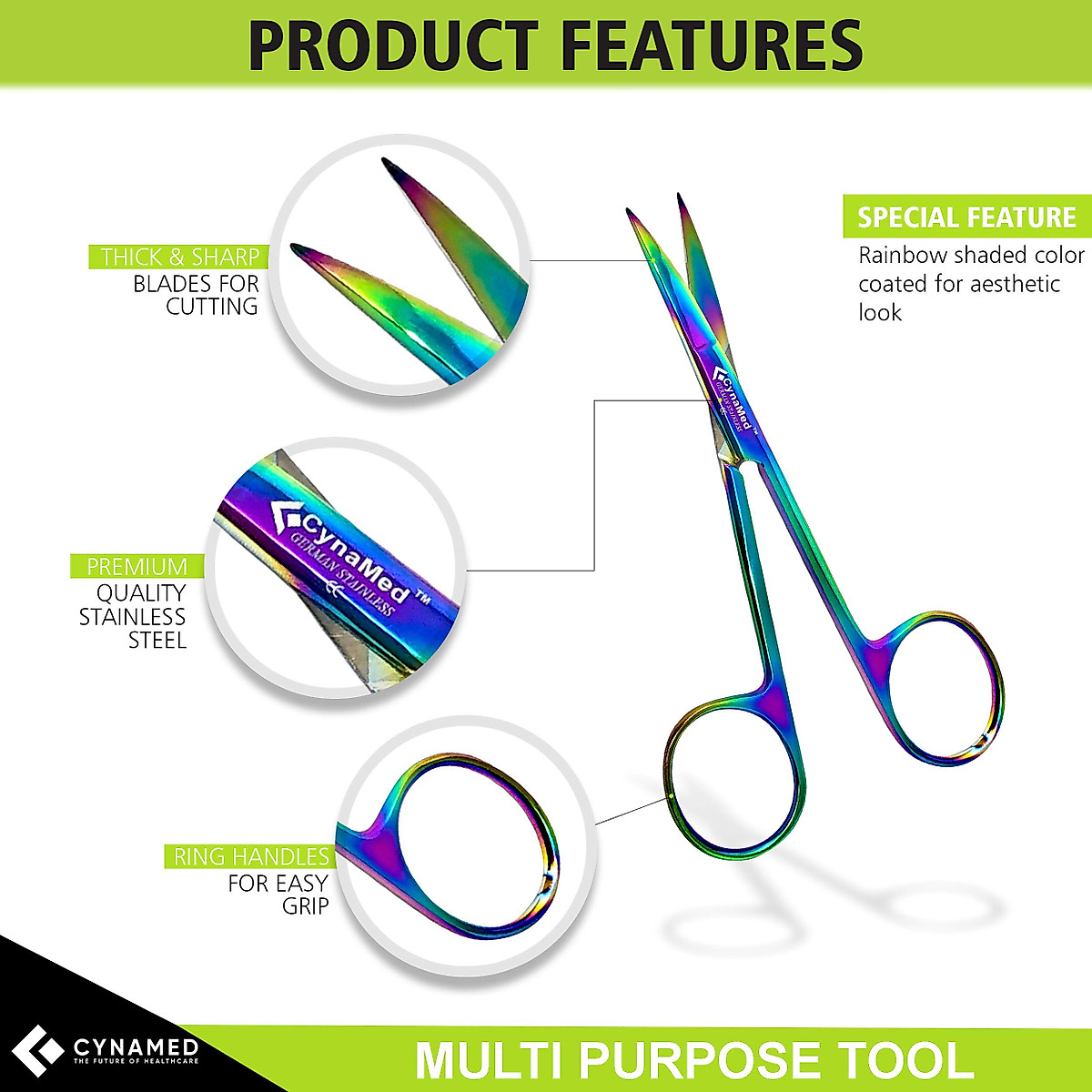 Cynamed Set of 2 Iris Micro Dissecting Scissors with Multicolor/Rainbow Titanium Coating Premium Quality Instrument - Perfect for Fine Precision Tissue Dissection Suture Removal (Straight and Curved)