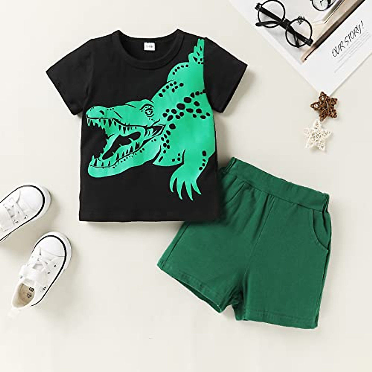 SEVEN YOUNG Toddler Baby Boy Summer Clothes Crocodile Printed Short Sleeve T-shirt Top + Short Pants 2pcs Boys Outfit Set (Crocodile, 2-3 Years)