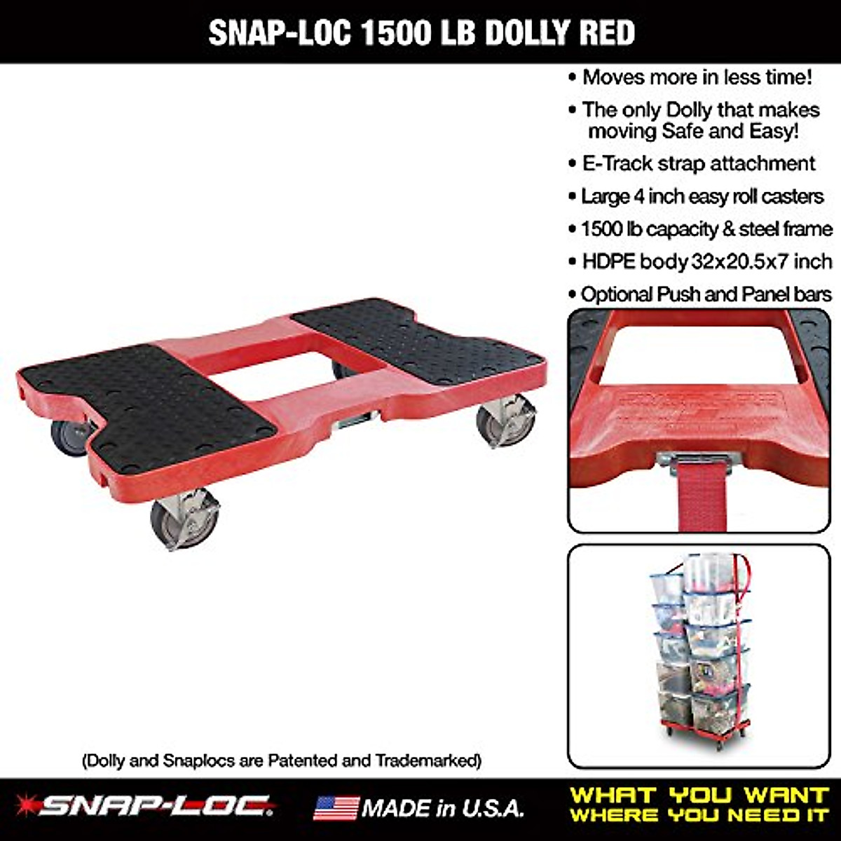 SNAP-LOC 1500 LB Dolly RED (USA!) with Steel Frame, 4 inch Casters and Optional E-Strap Attachment