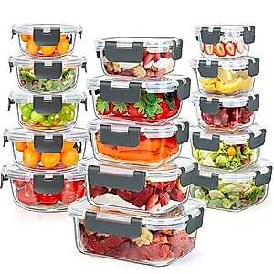 stusgo Glass Food Storage Container Set, Leak Proof Glass Meal Prep Containers Lunch Food Storage with Lids Airtight Storage for Kitchen Organization (grey, 15 pack)