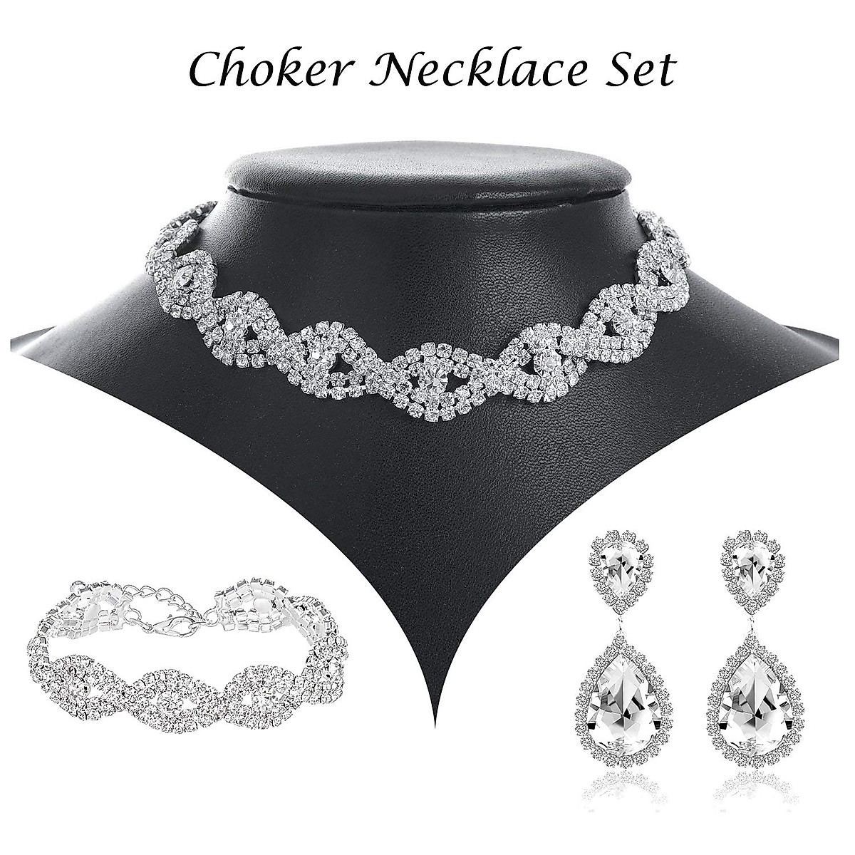 3 Pack Bridal Rhinestone Crystal Statement Choker Necklace Link Bracelet and Teardrop Dangle Earrings Jewelry Set