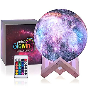 Mind-glowing 3D Galaxy Moon Lamp - Cool Night Light for Kids Bedrooms - 16 Colors, Touch/Remote Control, Wood Stand - Space Birthday Gift for Any Year Old Girls & Boys, Room Decor for Teens (4.7 inch)