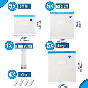 Sous Vide Bags,20pcs Reusable Vacuum Sealer Bags Kit,15 Mixed Sizes BPA Free Zipper Bags for Food,4 Sealing Clips,1 Hand Pump for Food Storage and Sous Vide Cooking