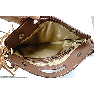 bonanza leathers women's cowhide handbag crossbody shoulder leather bag with fringes button closure H8 (Brown)