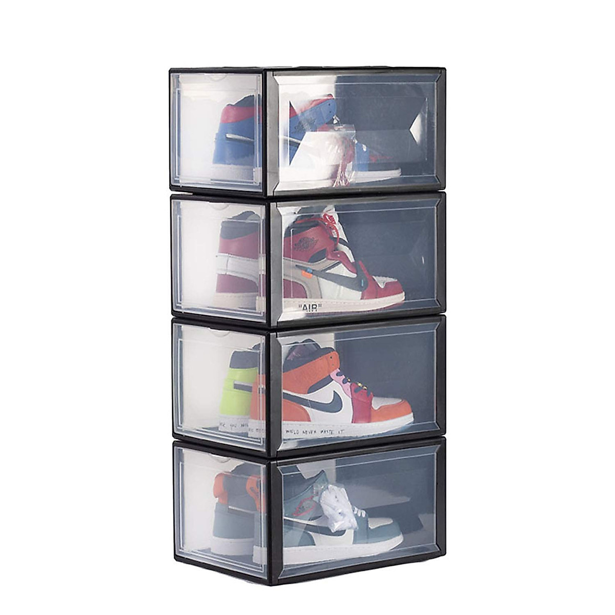 S-JIANG Shoe Boxes Clear Plastic Stackable, Drop Front Shoe Display Box Large Storage Containers Shoe Box Organizer for Sneaker Men Women (Black, 4 PACK)