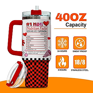 99WHALE Cool Moms Club Gifts, Tumbler 40 Oz With Handle Lid And Straw, Red Print Green Daisy Water Straws Simple Simply Handle Tumblers, Mom Retro Groovy Checked Nutrition Facts