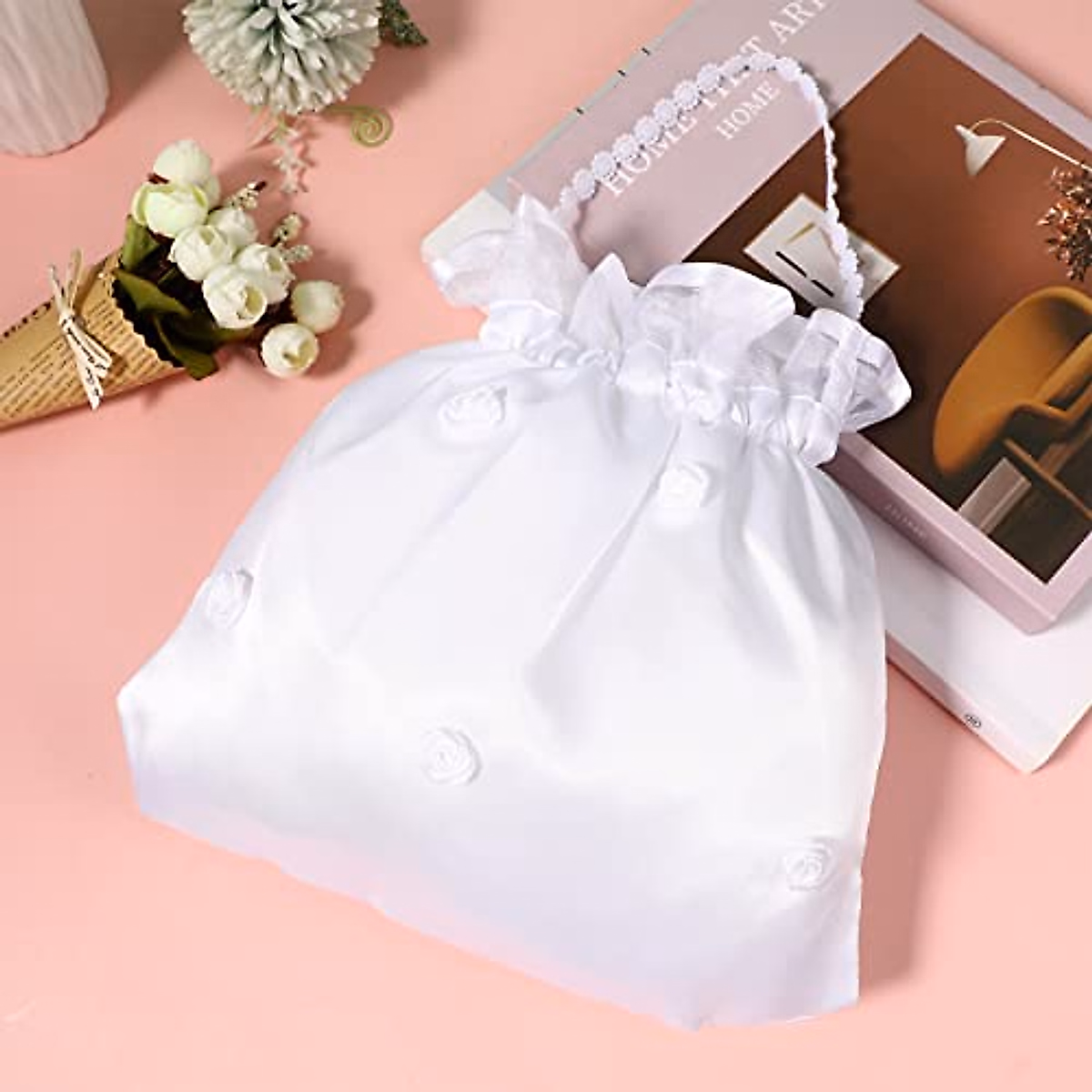 SEWACC Satin Bridal Wedding Money Bag White Satin Flower Decorated Handbag Bridal Bridesmaid Wedding Handbag for Wedding Party Favors