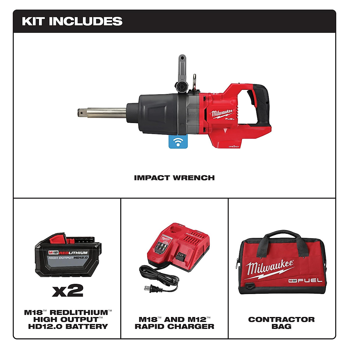 Milwaukee M18 FUEL 18V Lithium-Ion Brushless Cordless 1 in. Impact Wrench Extended Reach D-Handle Kit w/Two 12.0 Ah Batteries