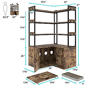PAKASEPT Litter Box Enclosure with Shelves and Doors, Industrial Corner Shelves with Cat Cabinet &12 Hooks, 3-Shelf Corner Bookshelf, Pullable Carring Tray, Cat Scratcher, for Most of Litter Box