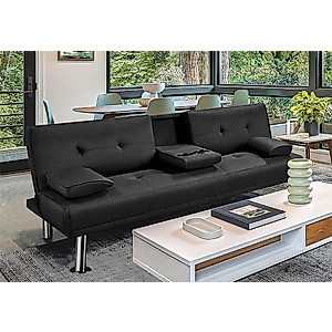 Anwickmak Convertible Futon Sofa Bed,PU Leather Modern Couch Loveseat Sleeper, Folding Daybed Guest Bed, Removable Armrests, 2 Cup Holders, Metal Legs (Black)