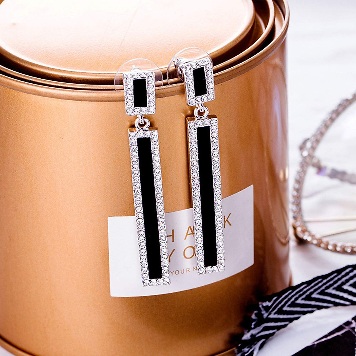 GBAHFY Black Color Drip Glaze Earrings for Women Geometric Rectangle Inlay Rhinestone Long Earrings Wedding Party Jewelry (Geometry Drip Glaze Earrings-Black)