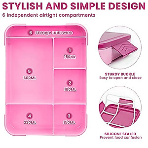 Bugucat Bento Box 45OZ, Leak-Proof Lunch Box with 6 Compartments Cutlery, Lunch Containers for Adult Food Storage Container with Leak-proof Silicone Ring Suitable for Microwave Dishwasher Pink