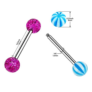 Niumike 20Pcs 14G Tongue Rings Assorted Colors Surgical Stainless Steel Barbells Piercing Jewelry