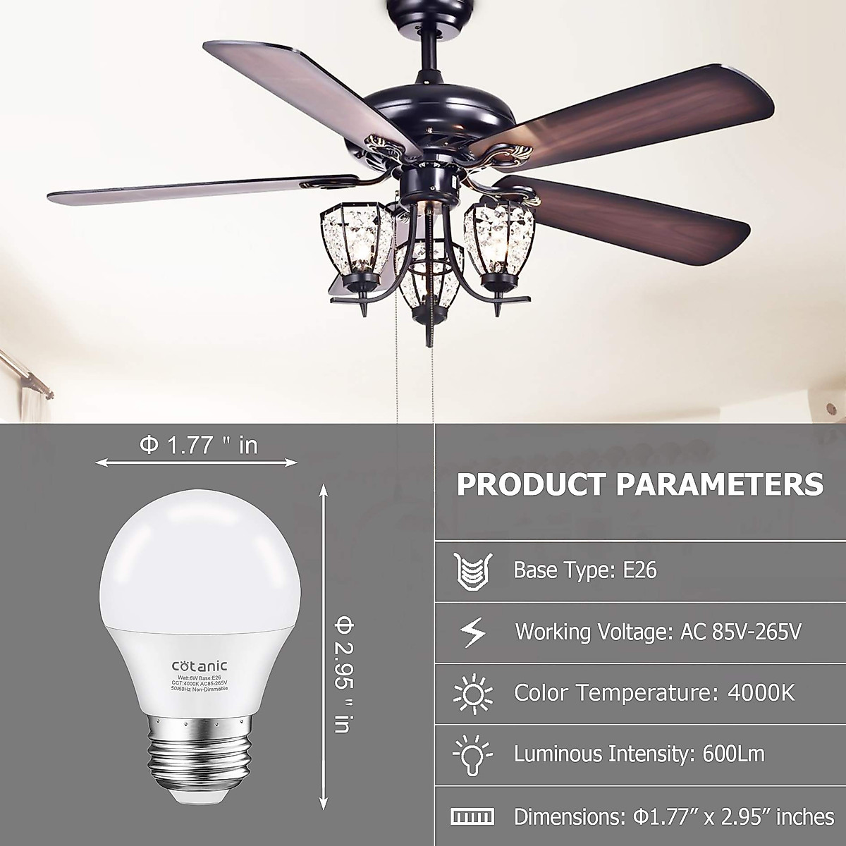 Cotanic A15 LED Bulb, Ceiling Fan Bulbs 6W (60W Equivalent),4000K Natural Daylight,E26 Standrad Base Light,600lm,CRI 80+ LED Globe Shape Bulb,Non-Dimmable,6 Packs