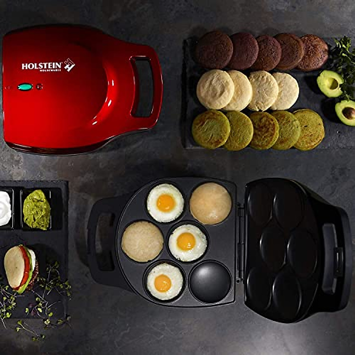 Holstein Housewares Non-Stick 6-Section Multi-Food Maker - Arepas, Mini Pancakes, Corncakes and More, 6-PC, Red/Black