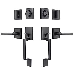 NeuType Front Door Handle Set Matte Black Double Door Handle Set with Dummy Heavy Duty Double Door Lock Set, with Single Cylinder Deadbolt and Lever Handle, Compatible with Right & Left Handed Doors