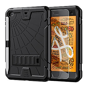 TSQQST iPad Mini 4/5 Case with Glass Screen Protector for Kids | iPad Mini 5th Generation Case with Pencil Holder Stand | Shockproof Rugged Protective Case for iPad Mini 5/4 7.9 Inch | Black