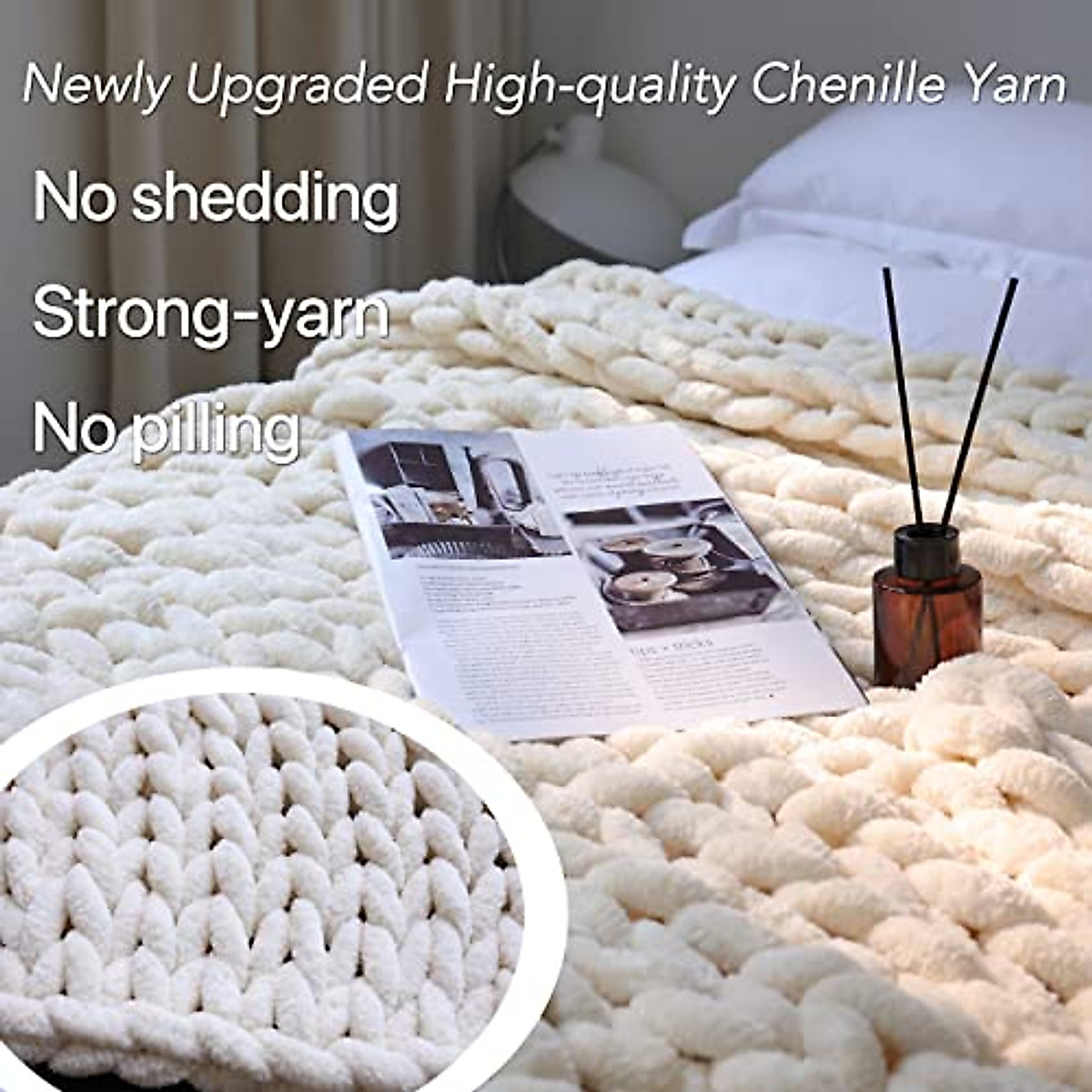 Maetoow Chenille Chunky Knit Blanket Throw （40×50 Inch）, Handmade Warm & Cozy Blanket Couch, Bed, Home Decor, Soft Breathable Fleece Banket, Christmas Thick and Giant Yarn Throws, Cream