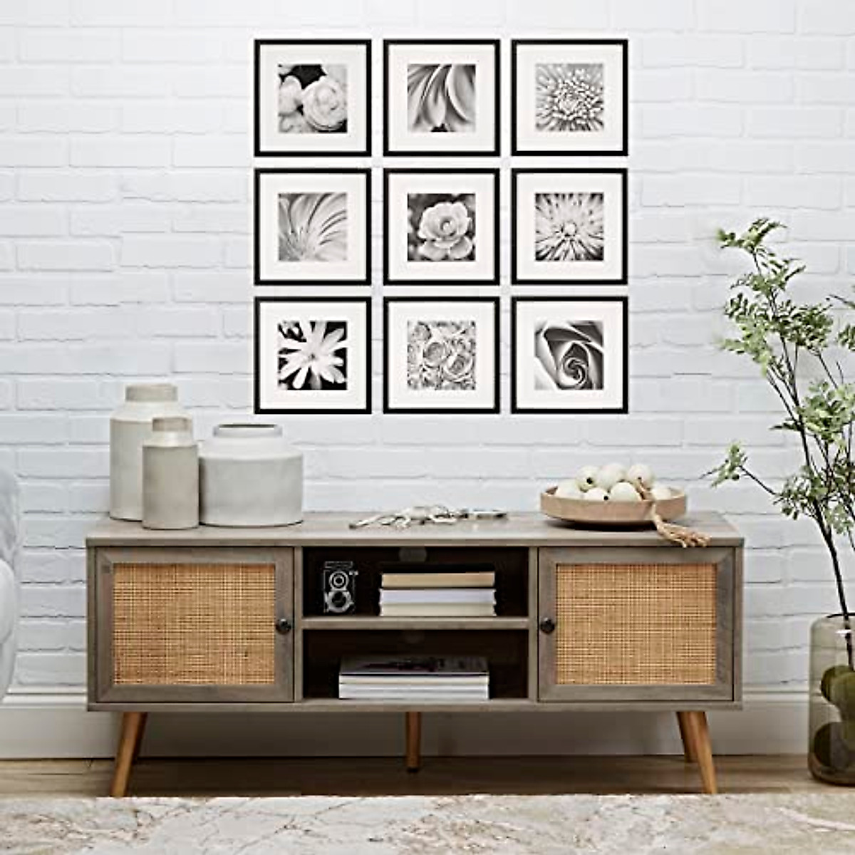 Gallery Perfect 9 Piece Black Square Photo Frame Gallery Wall Kit with Decorative Art Prints & Hanging Template