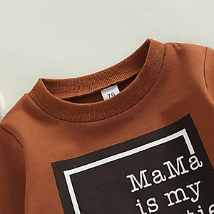 Toddler Baby Boy Clothes Solid Color Long Sleeve Crewneck Sweatshirt Top Casual Pants Set 2Pcs Fall Winter Outfits (Mama is My Bestie- Brown & Grey, 18-24 Months)