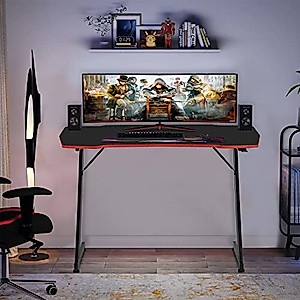 BestOffice 35"/39"/47" Computer Desk Z Shaped Workstation Ergonomic Table with Headphone Hook for Game Players (Red, 47 in)