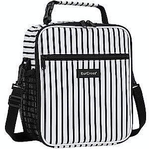 EurCross Lunch Box for Men Women Adults, Black and White Stripes Portable Lunchbox with Strap for Work, Insulated Reusable Small Lunch Bag for Office