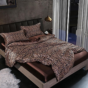 ErZhuiZi Luxury Satin Silky Duvet Cover Set with Fitted Sheet 4pcs Silk Bedding Set with 2 Pillowcases Leopard Print Comforter Cover,LeopardPrint-Queen