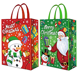 SULOLI Extra Large Christmas Tote Bags, 2Pcs Xmas Non Woven Gift Reusable Grocery Shopping Bags With Handles for Kids Holiday Gifts Wrapping Supplies