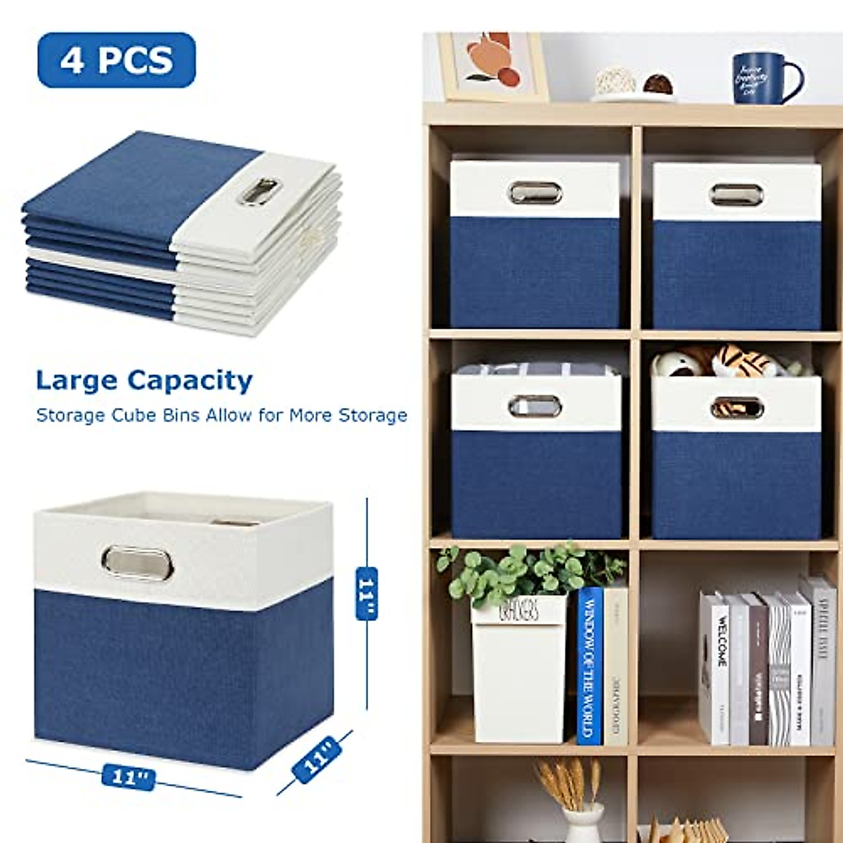 Temary Fabric Storage Cubes Bins 11x11 Cube Storage Organizer Bins with Handles, 4 PCs Blue Storage Baskets for Organizing Home, Collapsible Storage Boxes for Toys, Clothes (White&Blue)