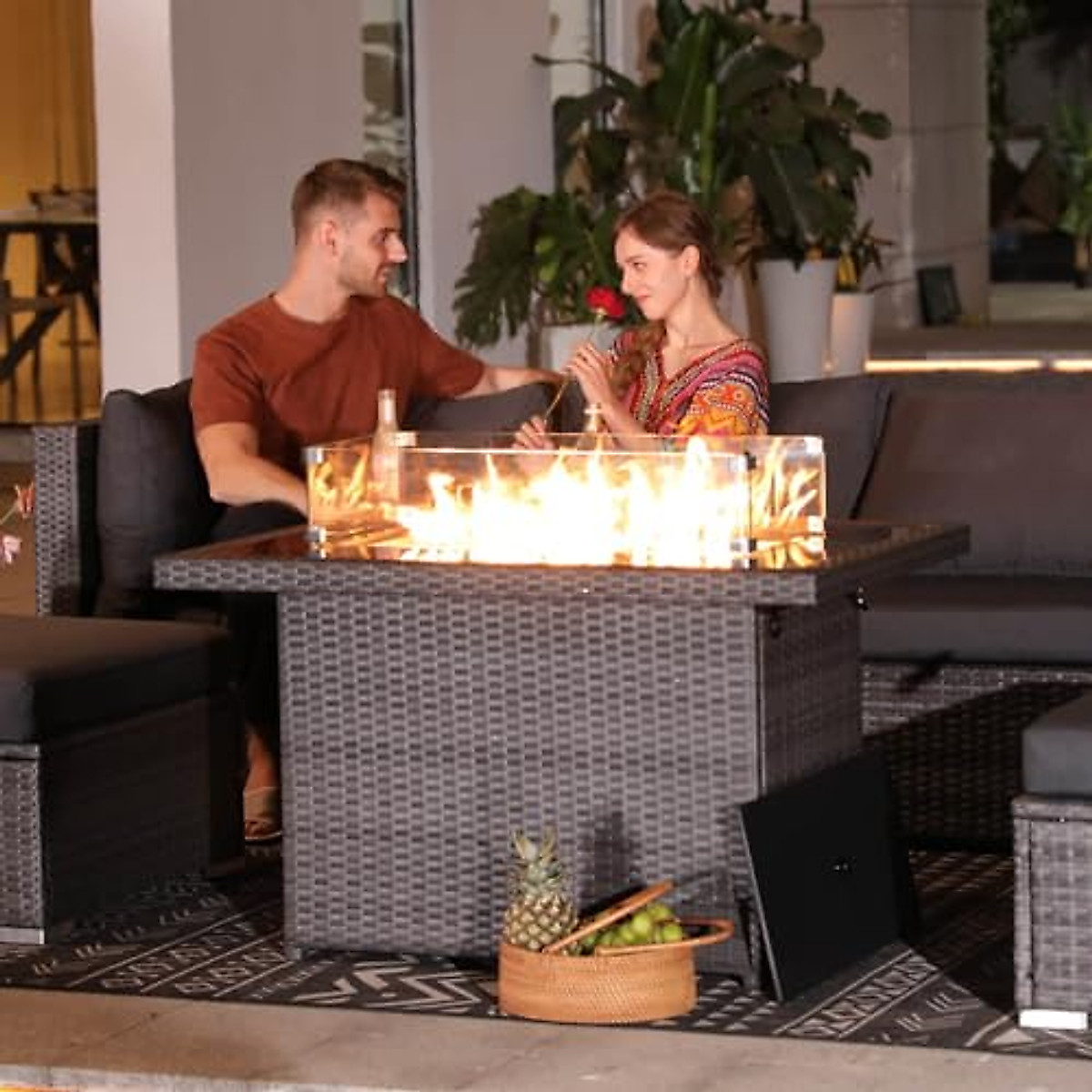 High-Craft 43'' Rectangular Patio Propane Fire Pit Table Gray PE Wicker 55,000 BTU H-Burner Dural Heating Outdoor Firepits 8mm Glass Top & Aluminum Frame Anti-Rust with Cover & Windguard