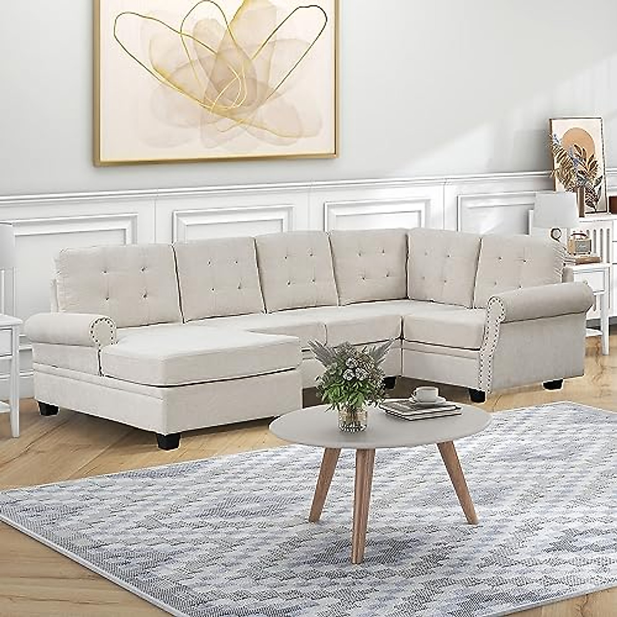 FULife Modern U-Shaped Sectional Sofa with Chaise Lounge,Comfy Modular Couch w/Nailhead Trim Armrest,Linen Fabric Upholstered 6-Seater Corner Sofá for Living Room Apartment Office, Beige 120" w