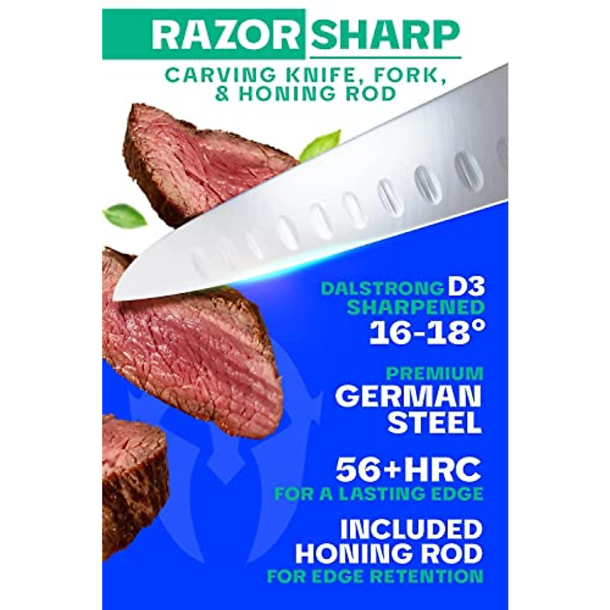 Dalstrong Carving Knife & Meat Fork Set - Gladiator Series Elite - 8" Honing Rod - Forged HC German Steel - 9 inch Carving Knife & Sheath - Hollow Ground Carving Set - Matching Fork - NSF Certified