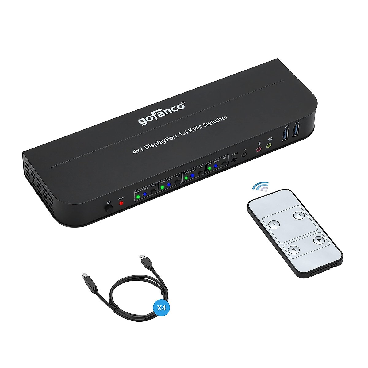 gofanco 4 Port 4K 60HZ DisplayPort KVM Switch with USB 3.0 – DisplayPort 1.4, 4K @60Hz 4:4:4, HDR, HDCP 2.2/1.4, USB Keyboard/Mouse, USB 3.0 Hub, MIC in, Stereo Out, IR Remote, Hotkeys (KVMDP-4P)
