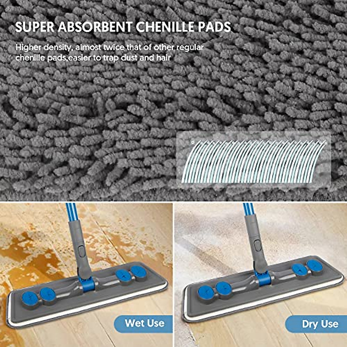 Microfibre Floor Mop for Cleaning Floors - FORSPEEDER Flat Floor Mop for Laminate Wooden Hard Floor Vinyl Tile, Dust Wet Dry Mop for Kitchen Bathroom Wall Cleaning with 3 Washable Chenille Pads