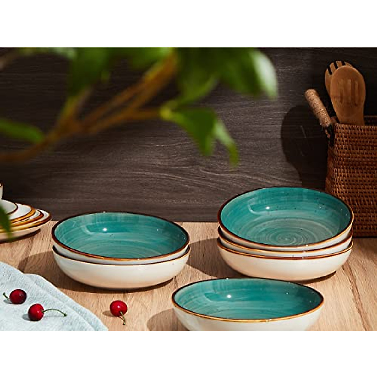 ONEMORE Porcelain Salad Pasta Bowls 30 Ounce, Set of 6 Ceramic Salad Dinner plates Bowls, Shallow & Wide Serving Bowls for Soup, Dessert, Pizza. Microwave & Dishwasher Safe Kitchen Dinnerware, Teal