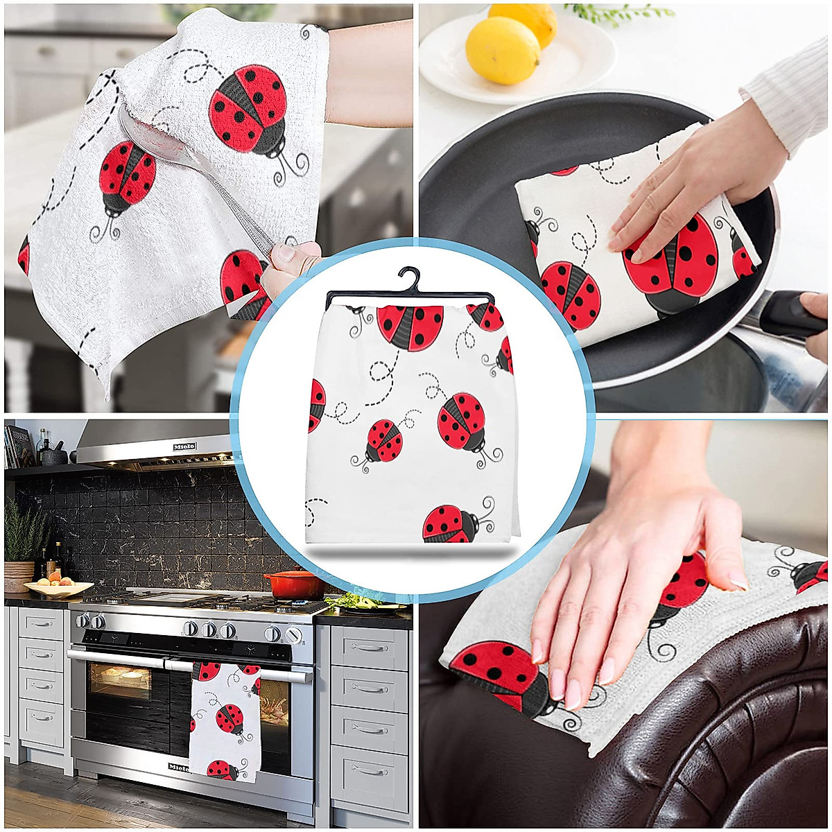 Meet 1998 Red Ladybug Kitchen Towels, Set of 4 Hand Drying Towel, Soft Absorbent Multipurpose Cloth Tea Towels for Cooking Baking, Nature Insect Print Washable Dish Towels Cloth 18x28 Inch