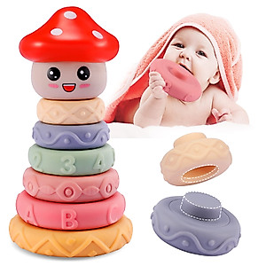 Baby Toys 6 to 12 Months 7Pcs Stacking Rings Montessori Toys for 1 Year Old Girls Boys, Soft Baby Teething Toys with Mushroom Head, Infant Sensory Educational Toys for Toddlers 1-2 Kids Birthday Gifts