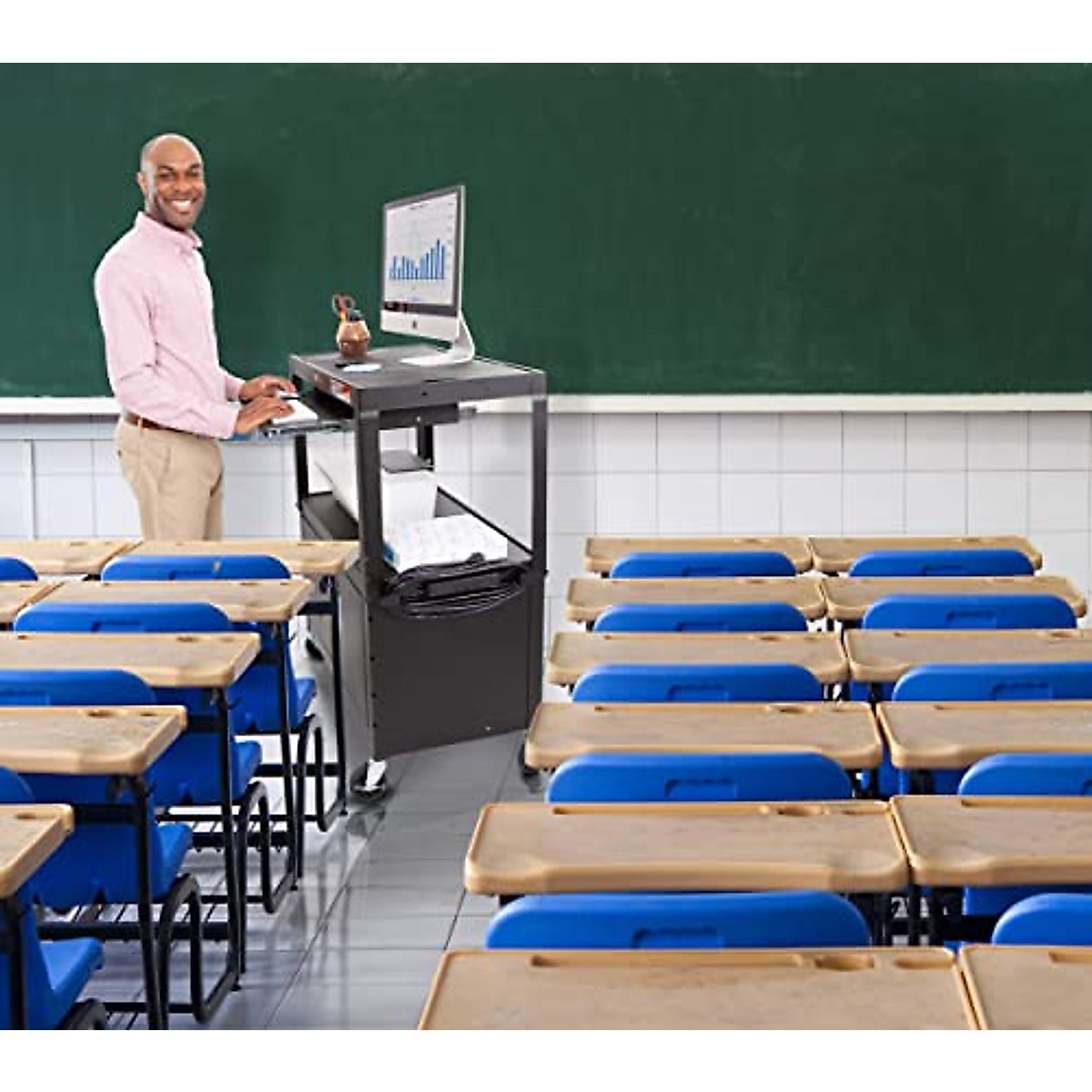 Line Leader Large AV Cart with Locking Cabinet | Height Adjustable Utility Cart | Includes Pullout Keyboard Tray & Cord Management | Easy Assembly (32in x 18in x 42in / Black)