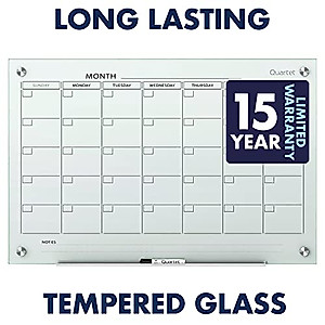 Quartet Magnetic Whiteboard Calendar, 3&#039; x 2&#039;, Glass Dry Erase White Board Planner for Homeschool Supplies &amp; Home Office Organization, 2 Magnets, 1 Dry Erase Marker, Frameless Infinity (GC3624F)